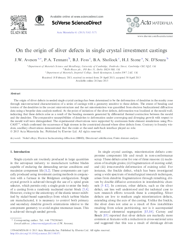 (PDF) On the origin of sliver defects in single crystal investment castings