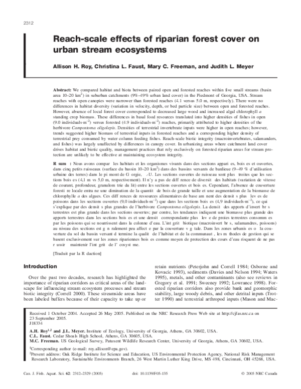 (PDF) Reach-scale effects of riparian forest cover on urban stream ...