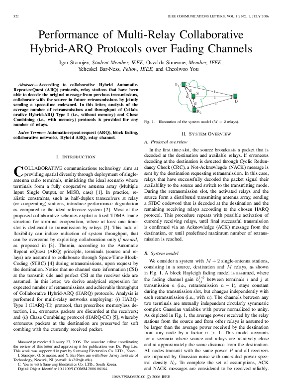 (PDF) Performance of multi-relay collaborative hybrid-ARQ protocols over fading channels