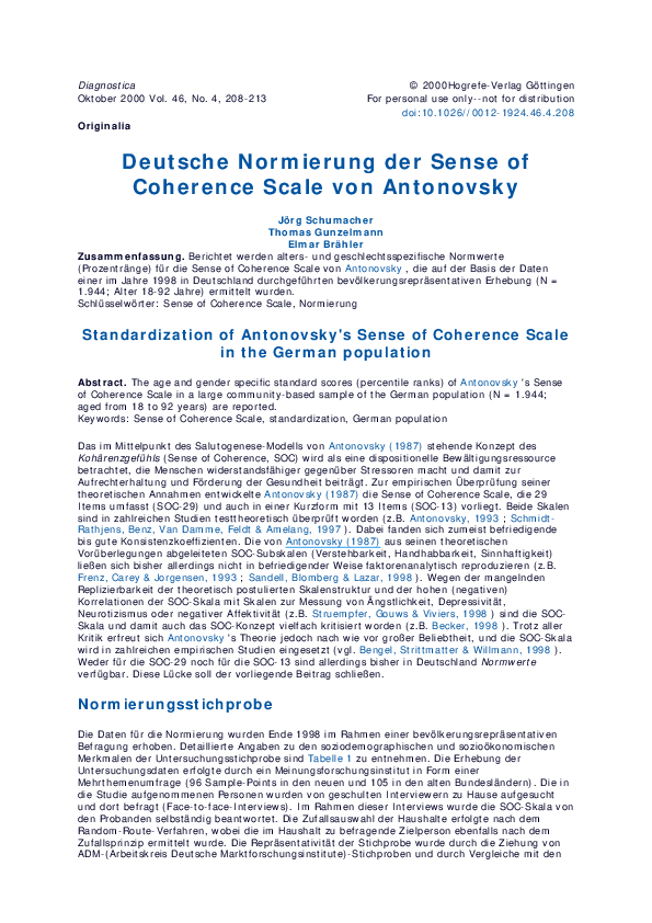 (PDF) Deutsche Normierung der Sense of Coherence Scale von Antonovsky