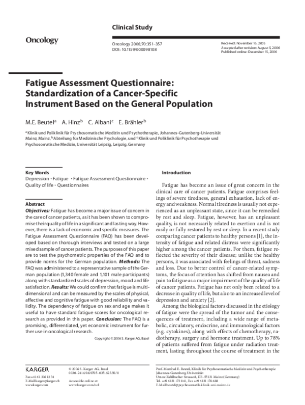 (PDF) Fatigue Assessment Questionnaire: Standardization of a Cancer ...