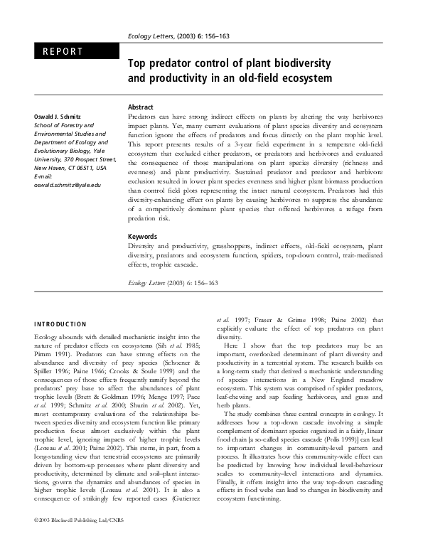 (PDF) Top predator control of plant biodiversity and productivity in an ...