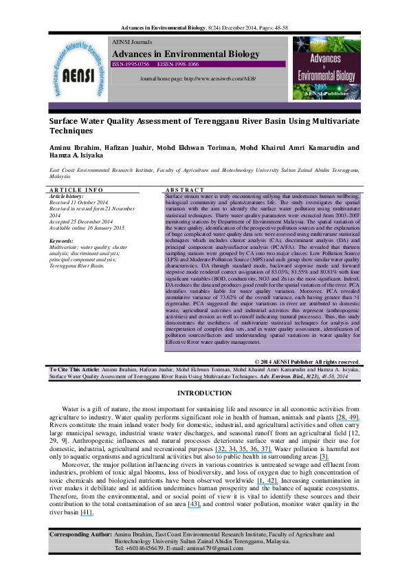 Pdf Surface Water Quality Assessment Of Terengganu River Basin Using Multivariate Techniques