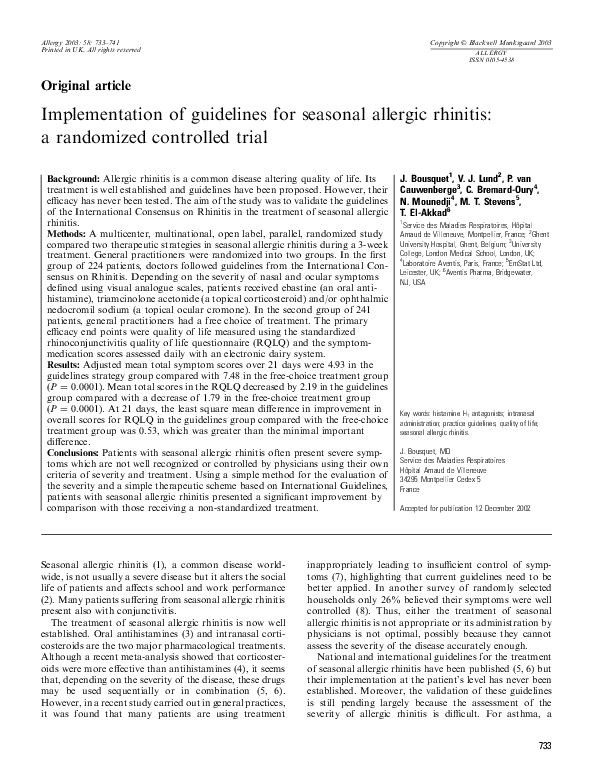 (PDF) Implementation of guidelines for seasonal allergic rhinitis: a ...