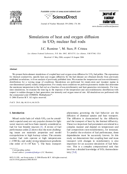 (PDF) Simulations of heat and oxygen diffusion in UO2 nuclear fuel rods