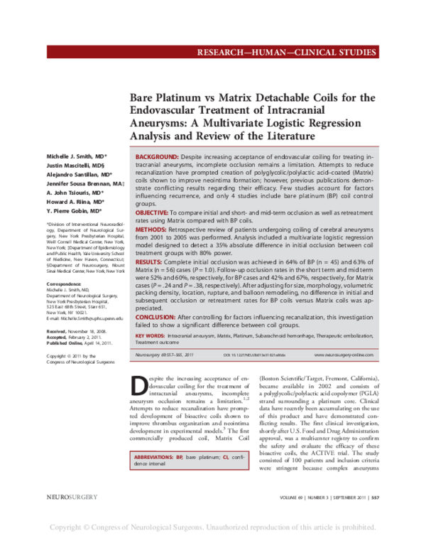 (PDF) Bare Platinum vs Matrix Detachable Coils for the Endovascular ...