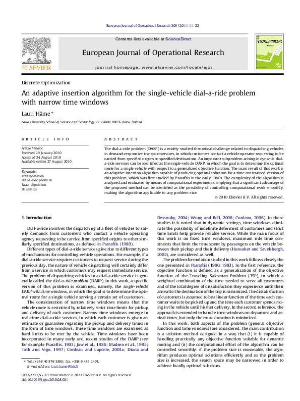 Pdf An Adaptive Insertion Algorithm For The Single Vehicle Dial A