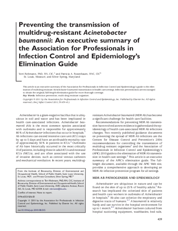 (PDF) Preventing the transmission of multidrug-resistant Acinetobacter baumannii: An executive ...