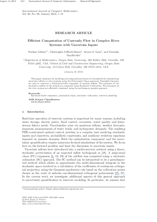 Pdf Efficient Computation Of Unsteady Flow In Complex River Systems With Uncertain Inputs