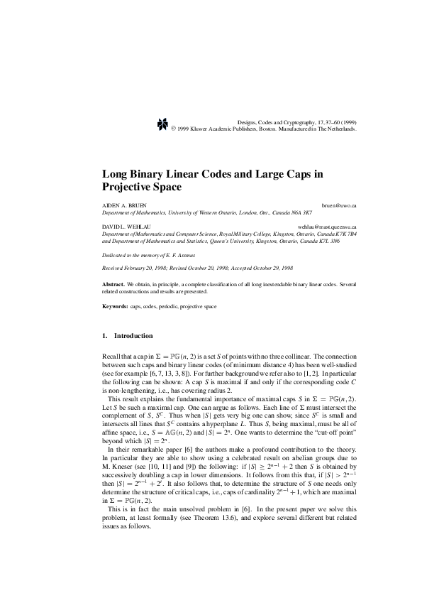 (PDF) Long binary linear codes and large caps in projective space