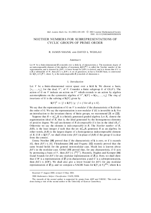 (PDF) NOETHER NUMBERS FOR SUBREPRESENTATIONS OF CYCLIC GROUPS OF PRIME ...