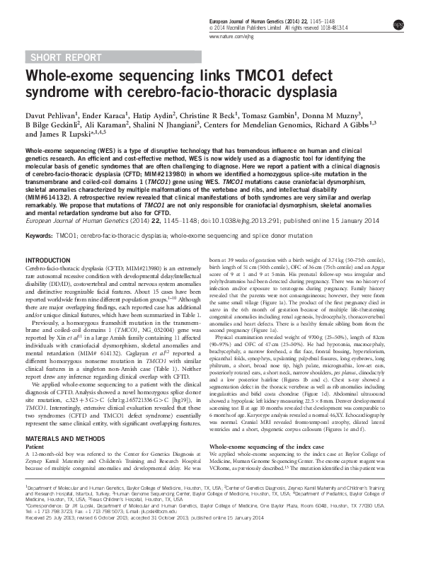 (PDF) Whole-exome sequencing links TMCO1 defect syndrome with cerebro ...