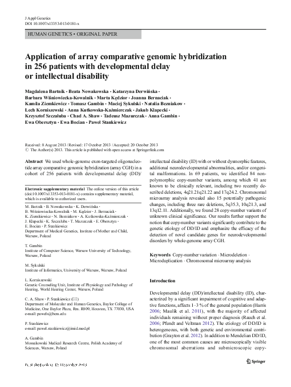 (PDF) Application of array comparative genomic hybridization in 102 patients with epilepsy and ...