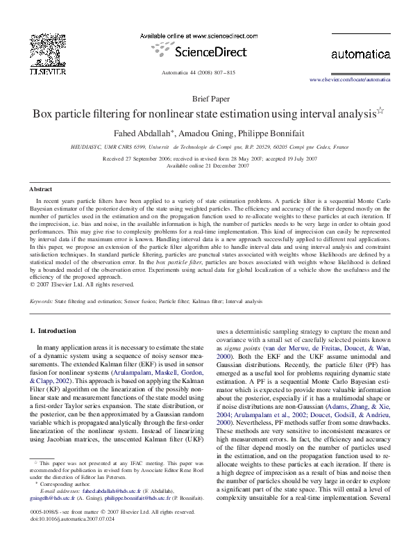 Pdf Box Particle Filtering For Nonlinear State Estimation Using