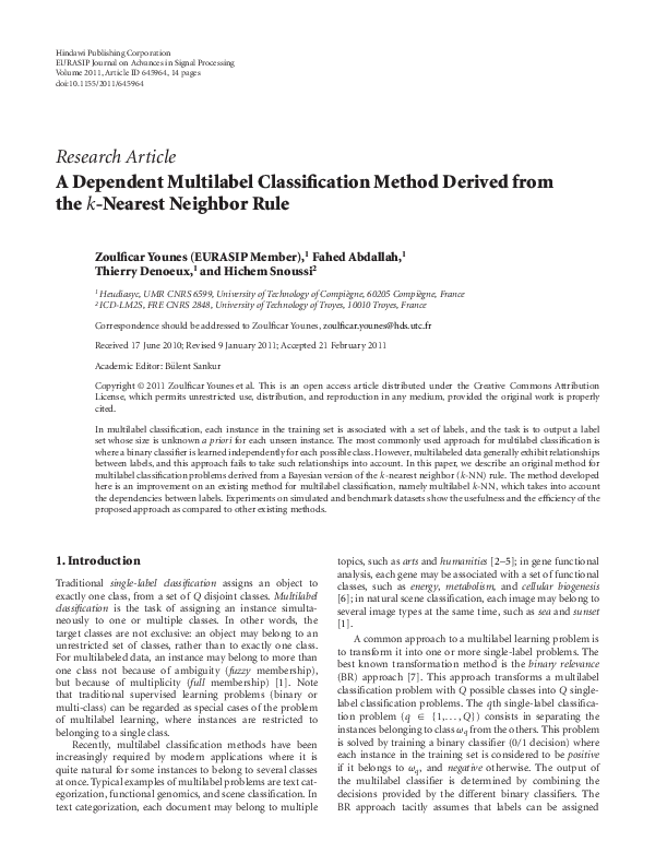 (PDF) A Dependent Multilabel Classification Method Derived from the -Nearest Neighbor Rule