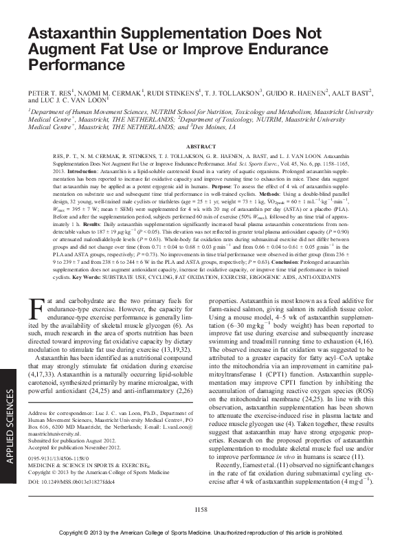 (PDF) Astaxanthin Supplementation Does Not Augment Fat Use or Improve Endurance Performance
