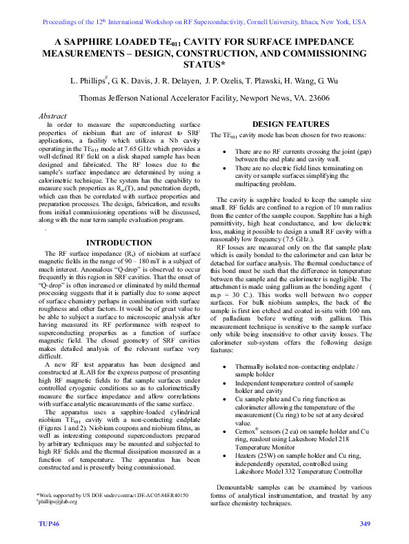 (PDF) A Sapphire Loaded TE011 Cavity for Surface Impedance Measurements ...