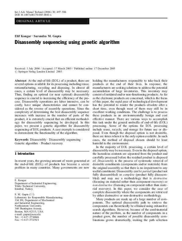 Pdf Disassembly Sequencing Using Genetic Algorithm