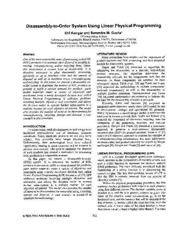 (PDF) Disassembly-to-order system using Linear Physical Programming