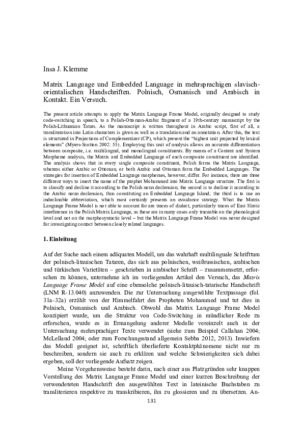 (PDF) Matrix Language und Embedded Language in mehr­sprachigen slavisch ...