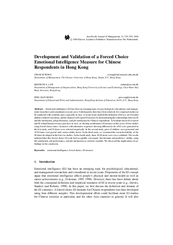 (PDF) Development and Validation of a Forced Choice Emotional Intelligence Measure for Chinese ...