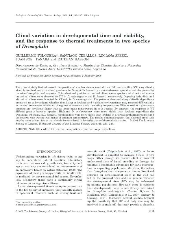 (PDF) Clinal variation in developmental time and viability, and the ...