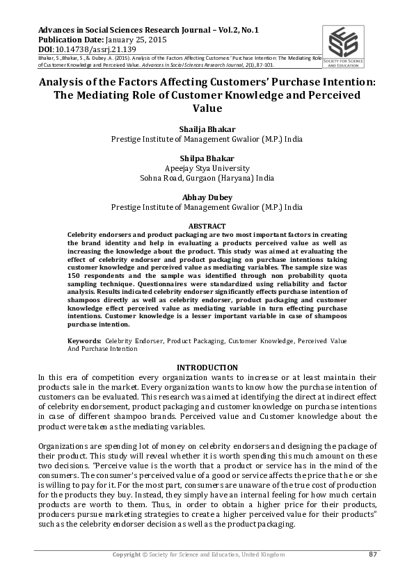 (PDF) Analysis of the Factors Affecting Customers’ Purchase Intention: The Mediating Role of ...