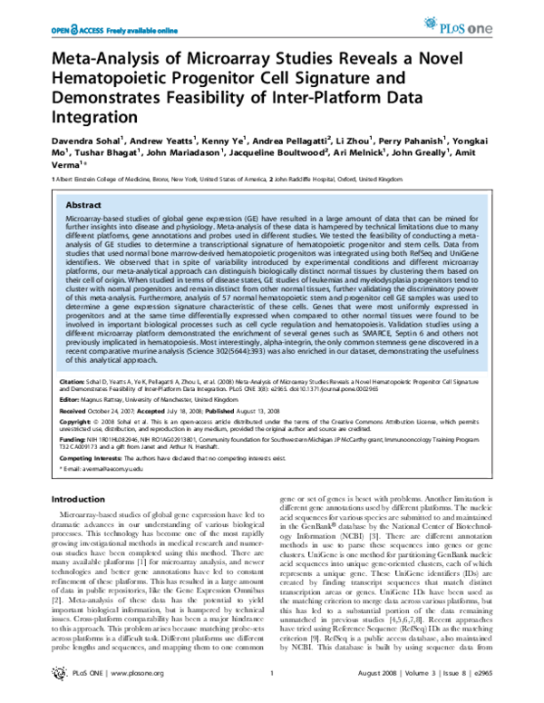 (PDF) Meta-Analysis of Microarray Studies Reveals a Novel Hematopoietic ...