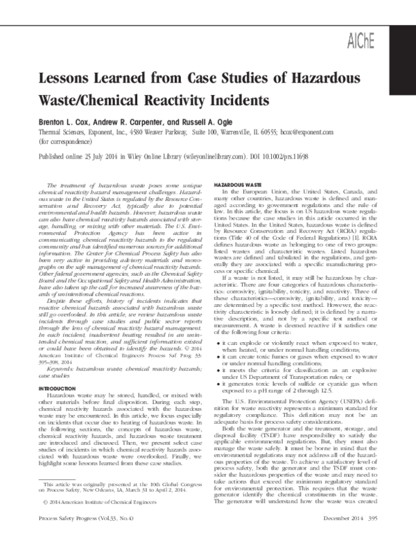 (PDF) Lessons learned from case studies of hazardous waste/chemical ...