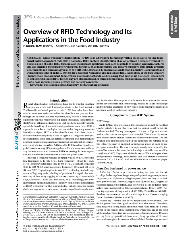 (PDF) Overview of RFID Technology and Its Applications in the Food Industry