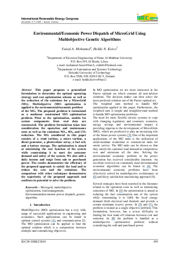 (PDF) Environmental/Economic Power Dispatch of MicroGrid Using Multiobjective Optimization