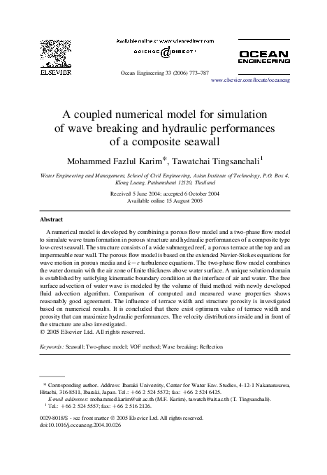 Pdf A Coupled Numerical Model For Simulation Of Wave Breaking And Hydraulic Performances Of A