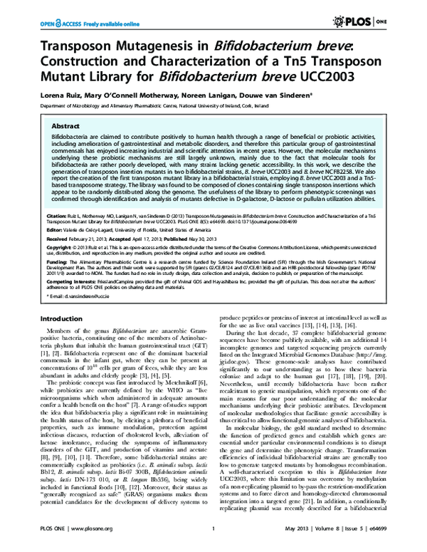 (PDF) Transposon Mutagenesis in Bifidobacterium breve: Construction and ...