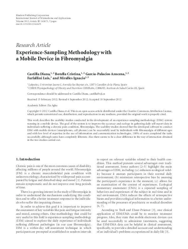 (PDF) Experience-Sampling Methodology with a Mobile Device in Fibromyalgia