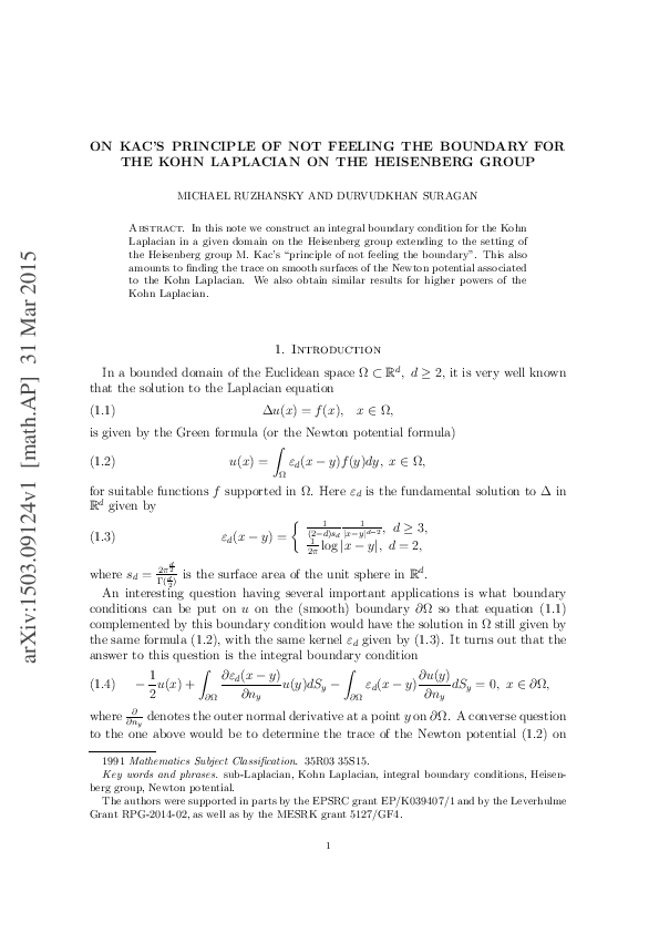 (PDF) On Kac’s principle of not feeling the boundary for the Kohn ...