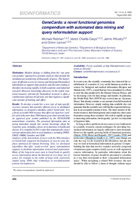(PDF) GeneCards: a novel functional genomics compendium with automated data mining and query ...