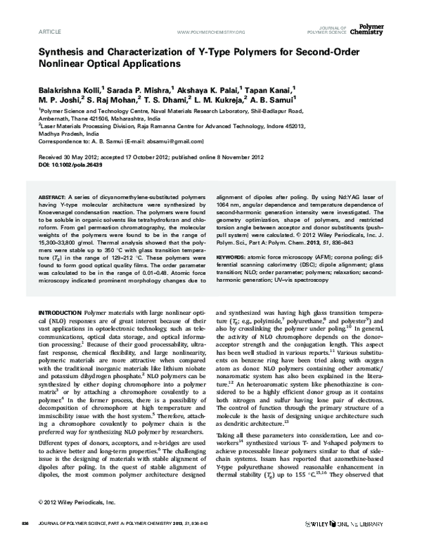 (PDF) Synthesis and characterization of Y-type polymers for second-order nonlinear optical ...