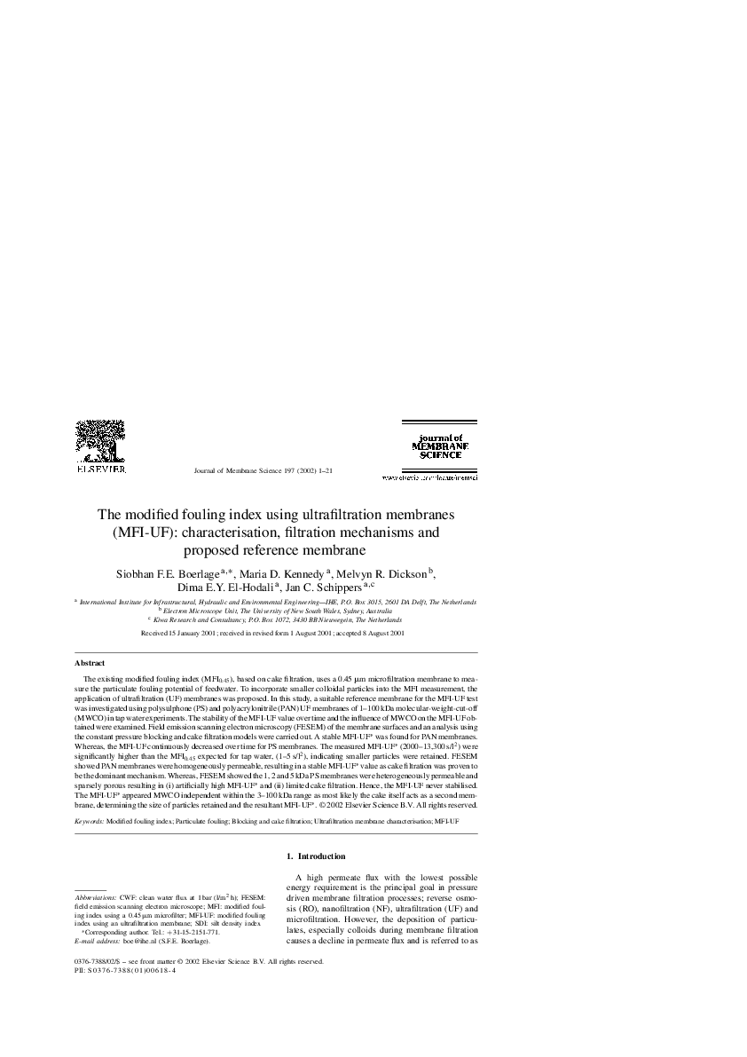 Pdf The Modified Fouling Index Using Ultrafiltration Membranes Mfi Uf Characterisation