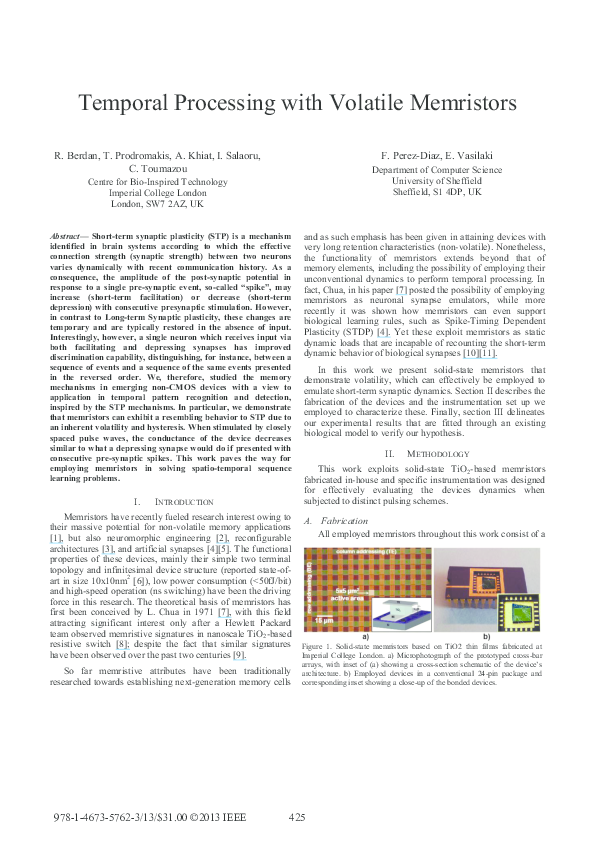 (PDF) Temporal processing with volatile memristors