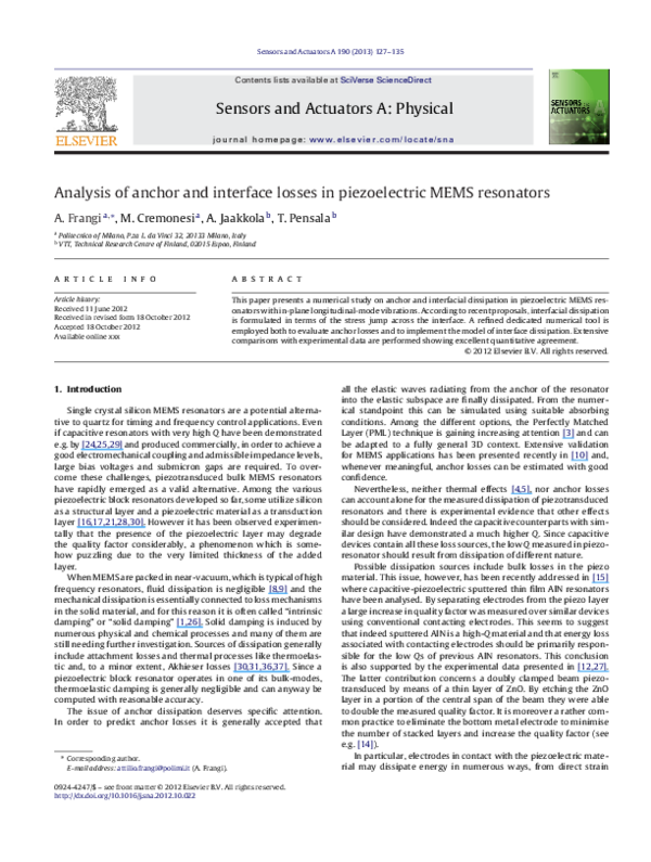 Pdf Analysis Of Anchor And Interface Losses In Piezoelectric Mems Resonators