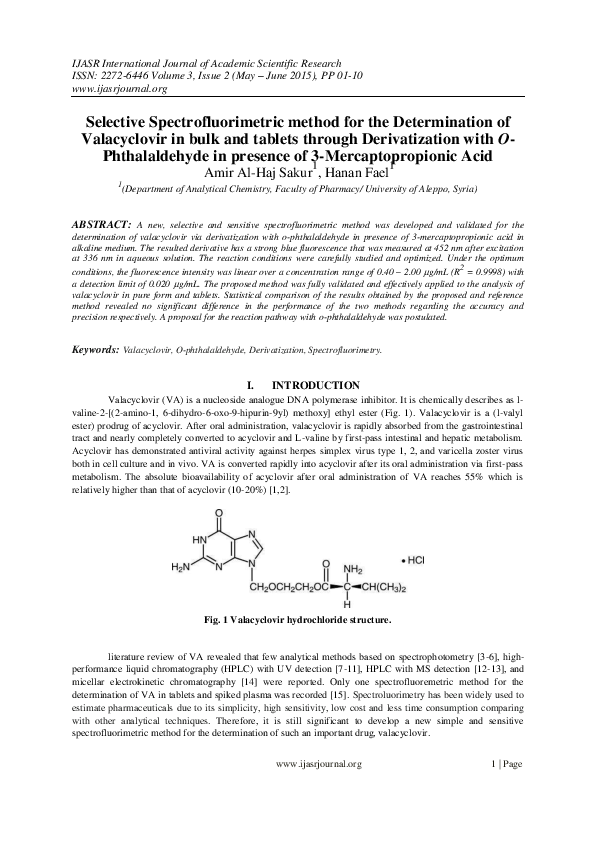 Pdf Selective Spectrofluorimetric Method For The Determination Of Valacyclovir In Bulk And