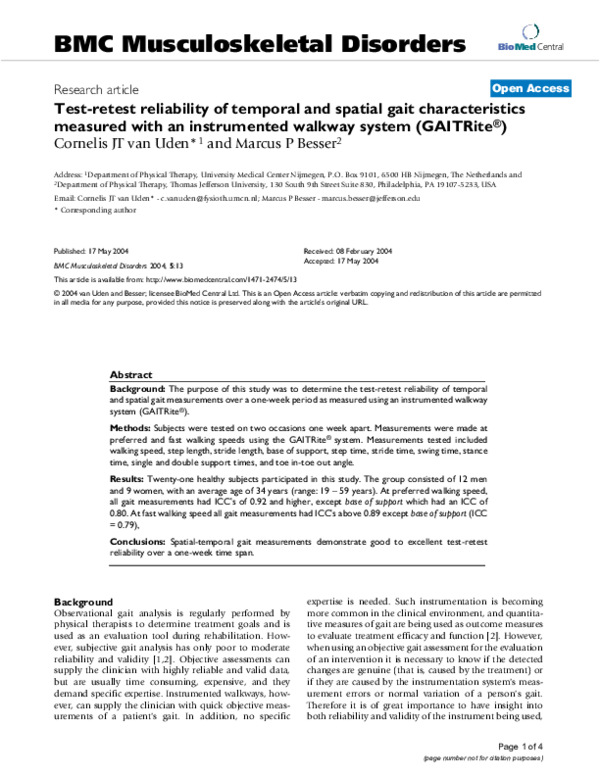 (PDF) Test-retest reliability of temporal and spatial gait ...
