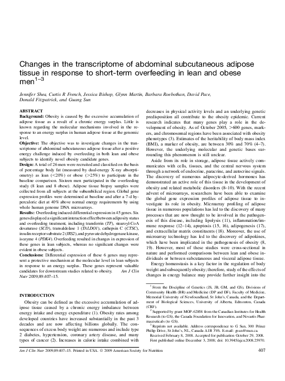 (PDF) Changes in the transcriptome of abdominal subcutaneous adipose tissue in response to short ...