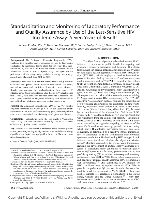 (PDF) Standardization and Monitoring of Laboratory Performance and ...