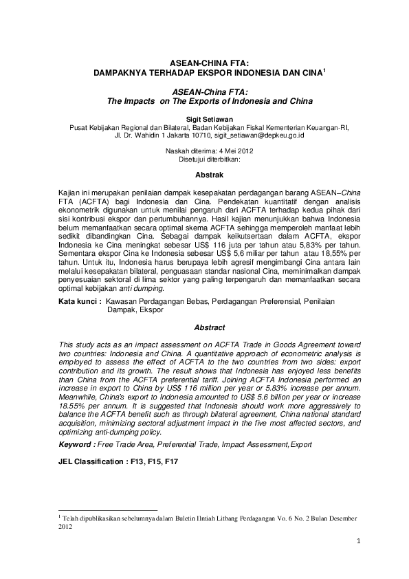 (PDF) ASEAN-CHINA FTA: DAMPAKNYA TERHADAP EKSPOR INDONESIA DAN CINA 1 ASEAN-China FTA: The ...