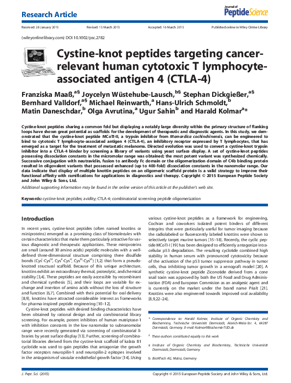 (PDF) Cystine-knot peptides targeting cancer-relevant human cytotoxic T lymphocyte-associated ...