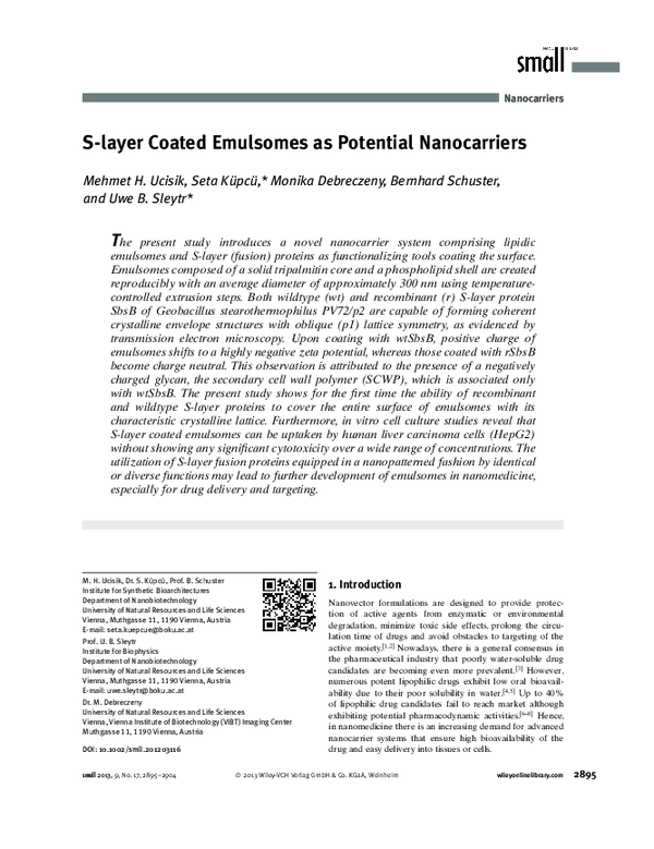 (PDF) S-layer Coated Emulsomes as Potential Nanocarriers