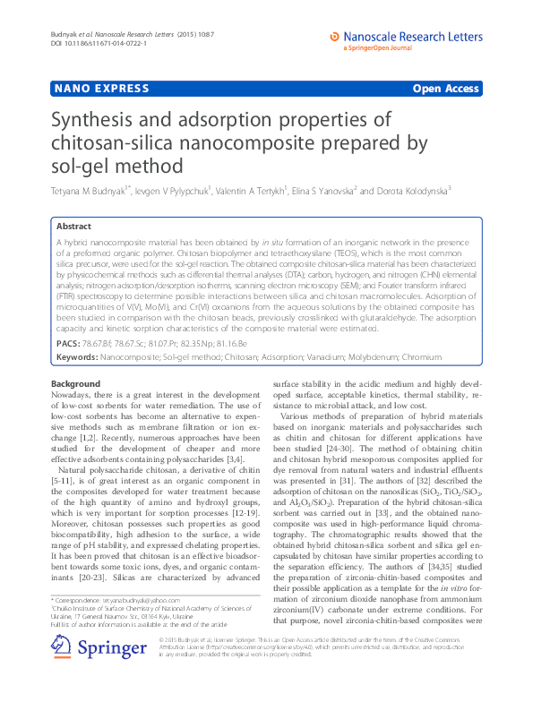 (PDF) Synthesis and adsorption properties of chitosan-silica nanocomposite prepared by sol-gel ...