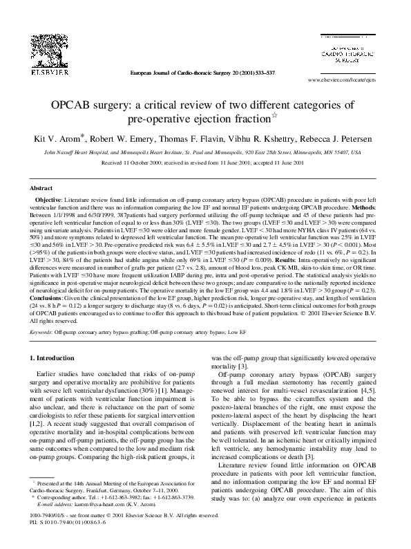 (PDF) OPCAB Surgery: Ejection Fraction Outcomes Compared