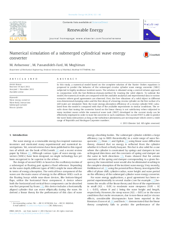 (PDF) Numerical simulation of a submerged cylindrical wave energy converter